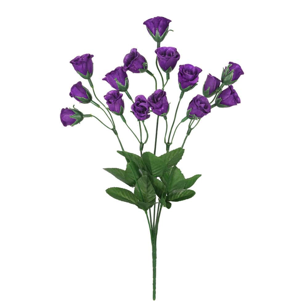 LIVING LUXURY 14 in. Purple Artificial Mini Rose Bud Flower Stem Bush ...