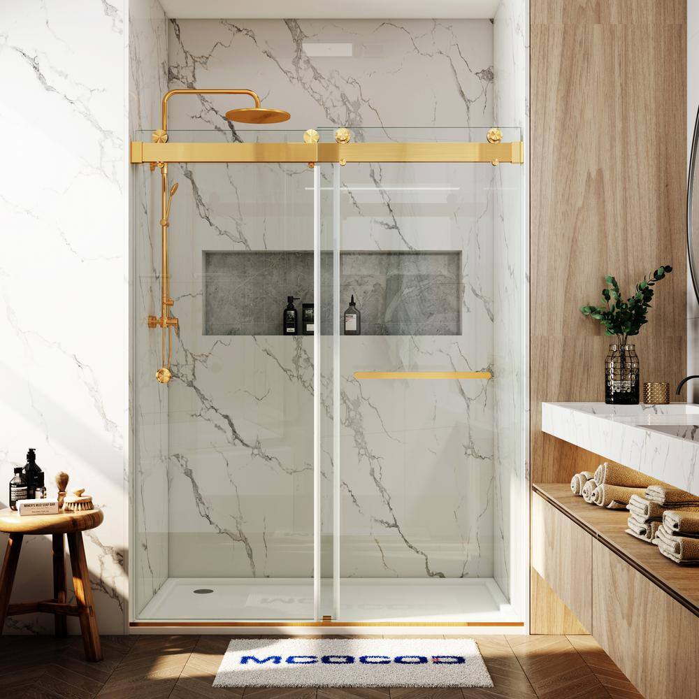 MCOCOD 56-60.75 in. W x 72 in. H Double Sliding Frameless Soft Close Shower Door in Brushed Gold ...