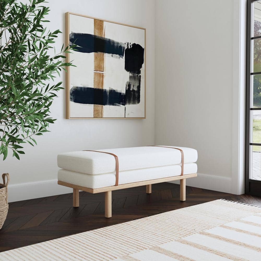 Homepop Cream Boucle 46 in. Bedroom Bench without Back with Wood Base ...