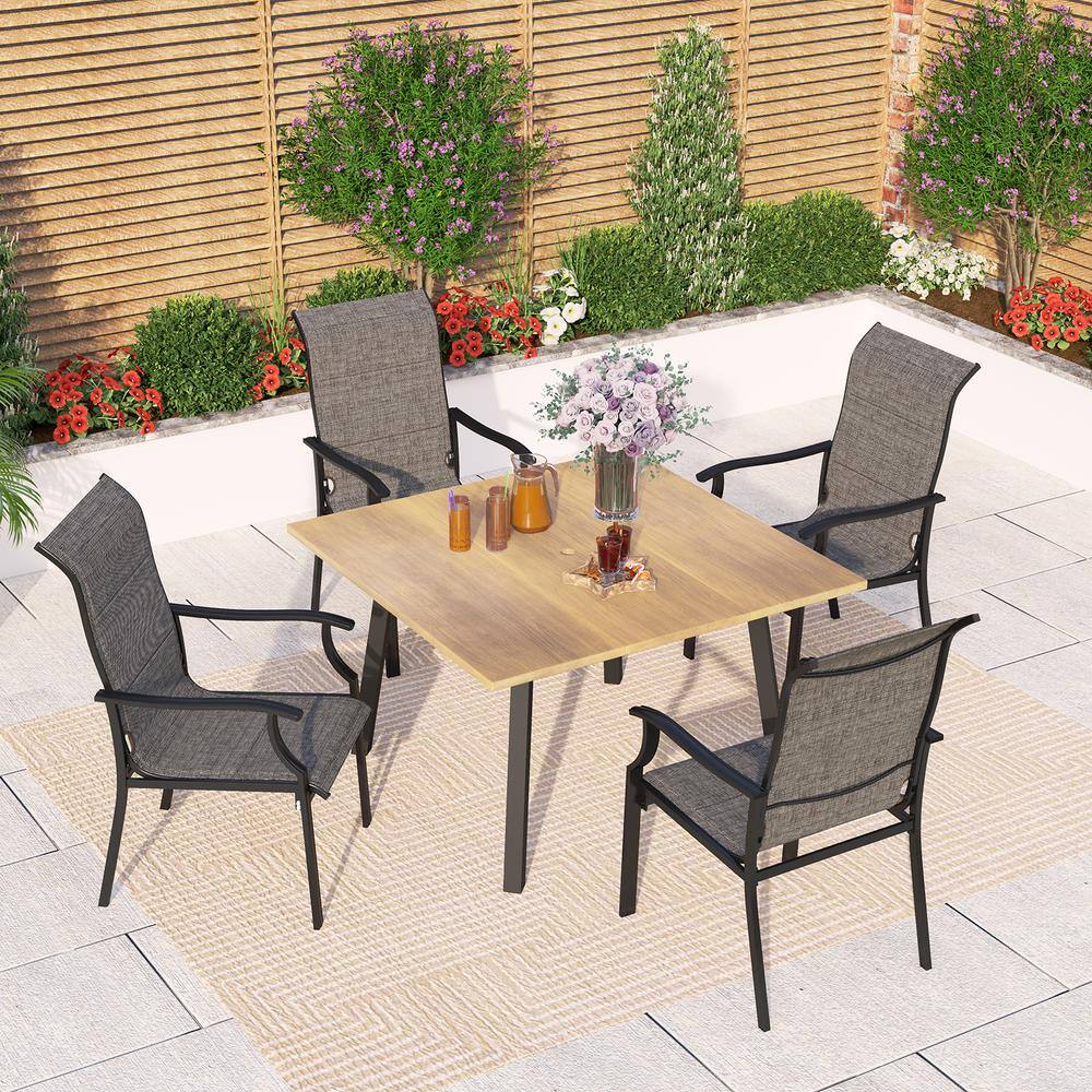 PHI VILLA Black 5-Piece Metal Patio Outdoor Dining Set with Wood-Look ...