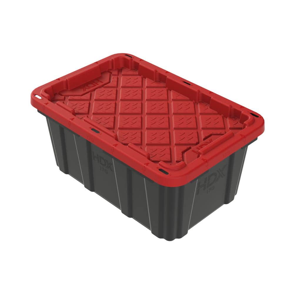 HDX 17 Gal. Tough Storage Tote in Black with Red Lid 999-17G-HDX-R ...