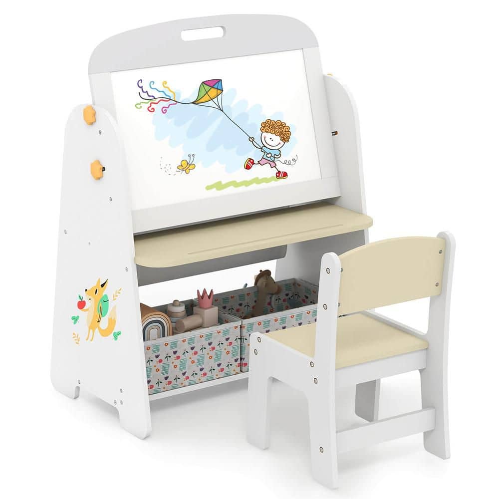 Costway 2-Piece Rectangle Wood Top Natural Kids Table & Chair Set with ...