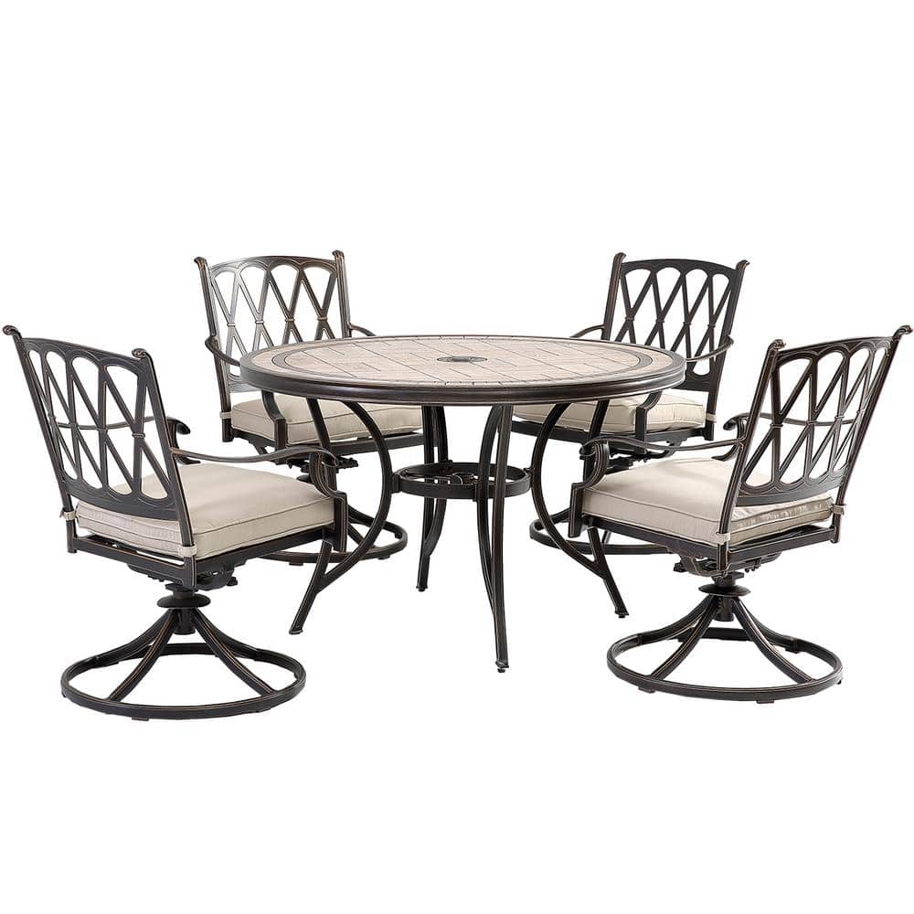 Mondawe 5-Piece Cast Aluminum Dining Set with Round Tile-Top Table and ...
