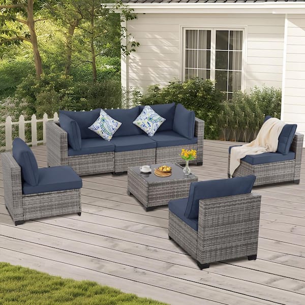 MIRAFIT Gray Wicker 6-Piece Outdoor Sectional Set with Blue Cushions HDFRS-ZC005GYBL - The Home ...