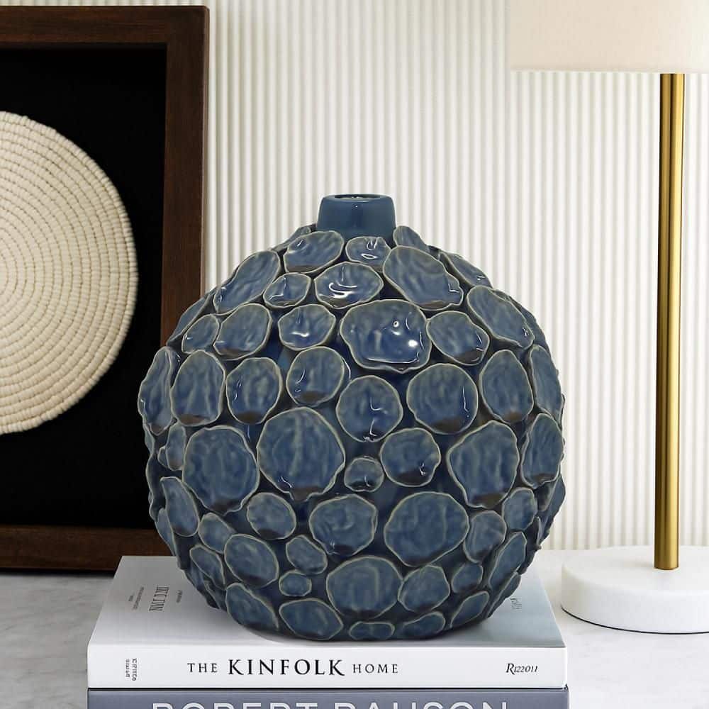 Benjara Remus 14 in. Blue Ceramic Round Decorative Vase BM335046 - The ...