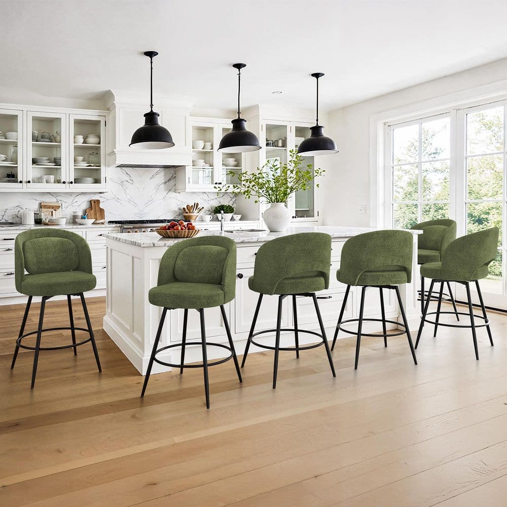 OrangeOne 39 in. Green Chenille Swivel Bar Stool Metal Frame Bar Chairs ...