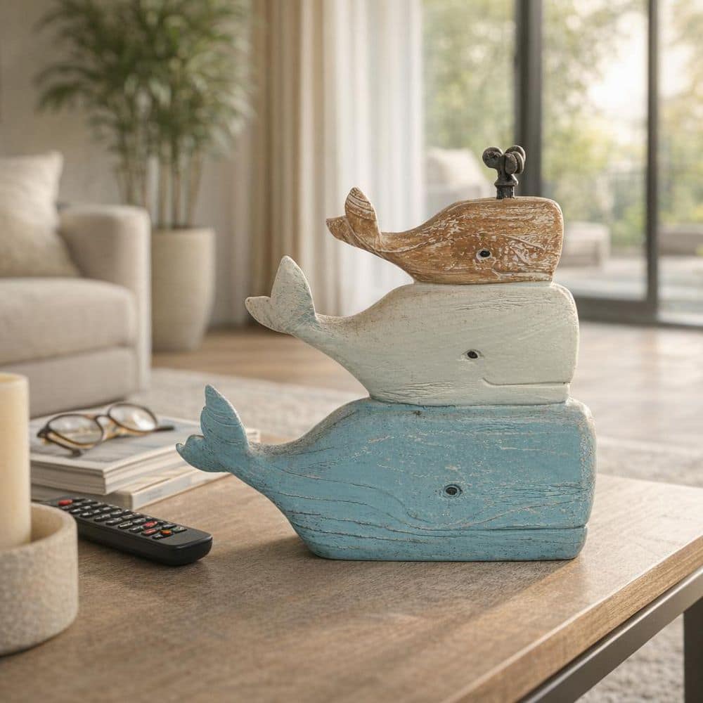 Liv & Skye 9 in. x 9 in. Blue Resin Coastal Stack Of 3 Whales Figurine ...