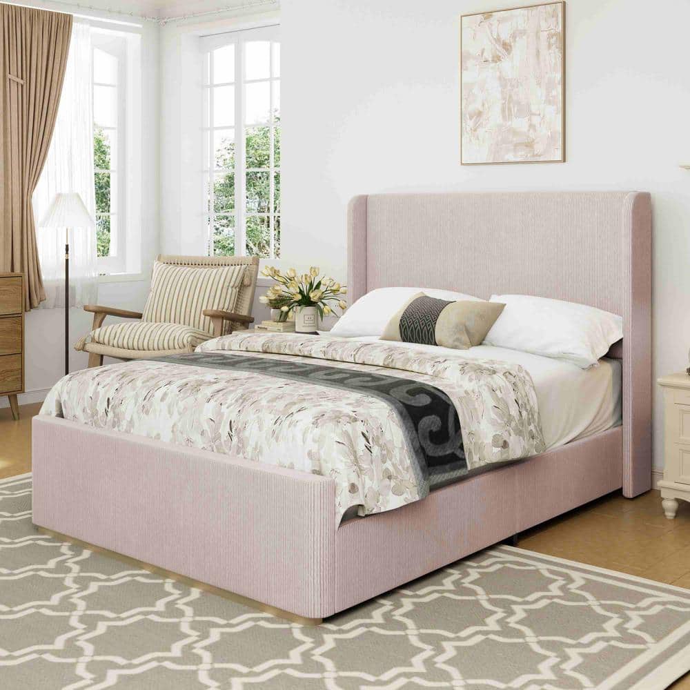 Polibi Pink Wood Frame King Platform Bed with Vertical Stripe Wingback ...