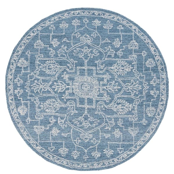 SAFAVIEH Micro-Loop 6 ft. x 6 ft. Blue/Ivory Ornate Medallion Round ...