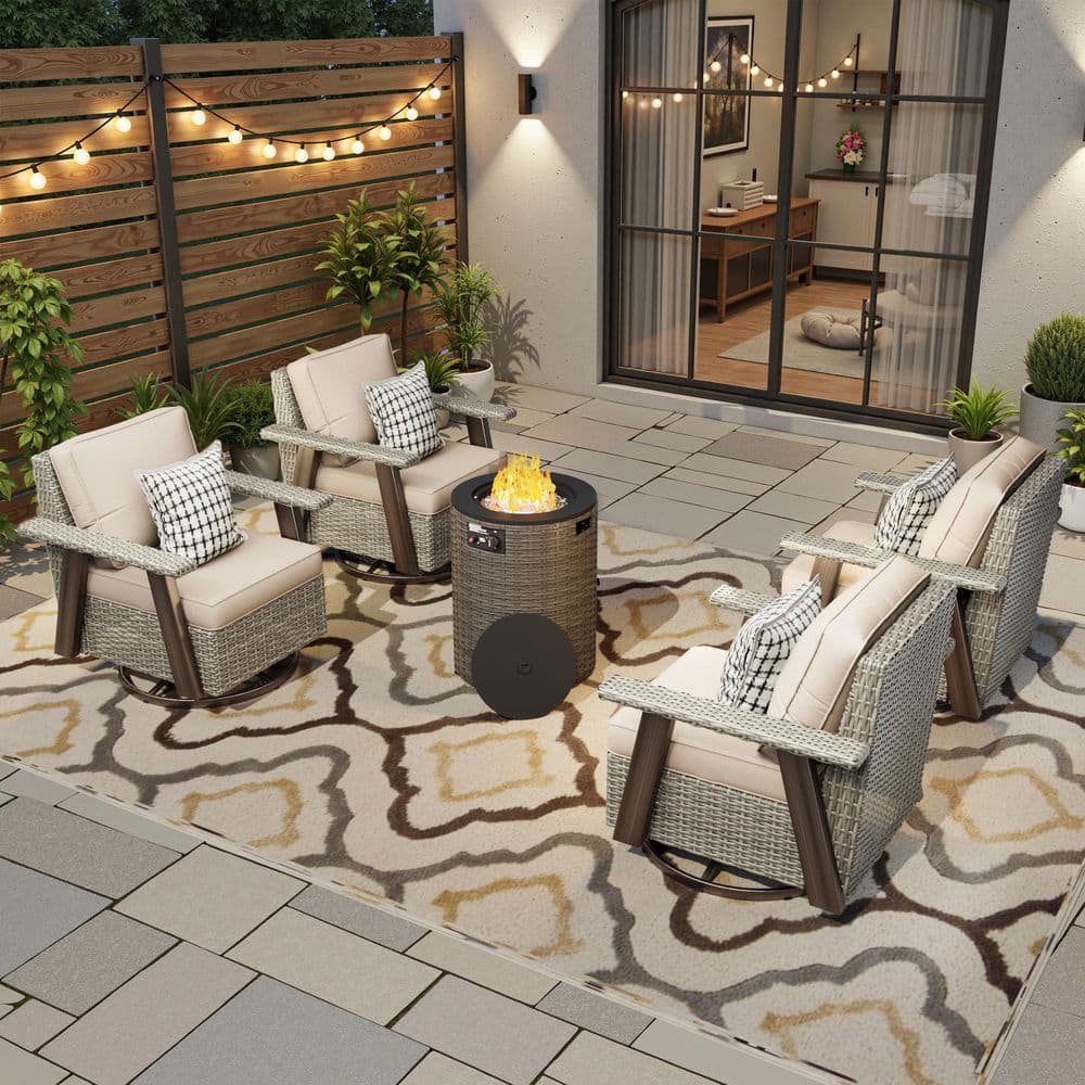 JOYSIDE 5-Piece Fire Pit Patio Set Wicker Outdoor Patio Conversation ...