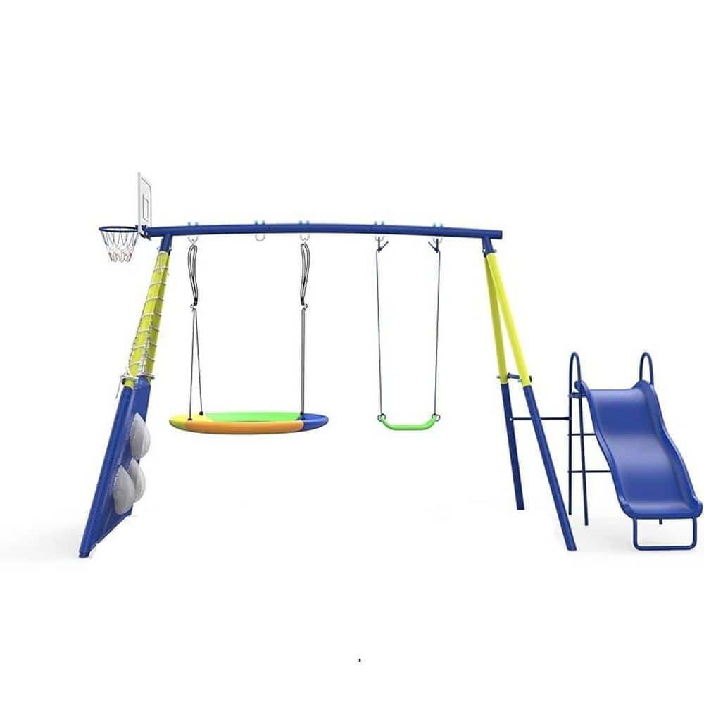 124 in. Metal, 5 in 1 Swing Sets with Slide, Soccer Goals, Basketball ...