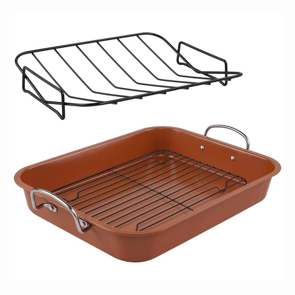 LAIFUCAM Nonstick 16 qt. Bronze Steel Oven Safe Roasting Pan with ...
