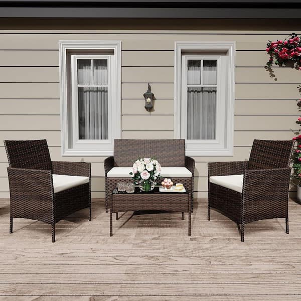 4-Piece Modern Patio Set with PE Wicker, Brown and Beige Storage ...