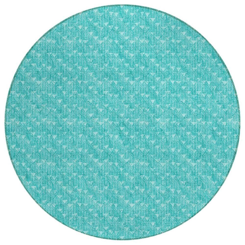 HomeRoots Turquoise 8 ft. Round Geometric Indoor / Outdoor Area Rug ...