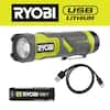 RYOBI USB Lithium Cordless Compact LED 3-Mode Flashlight Kit with 2.0 ...