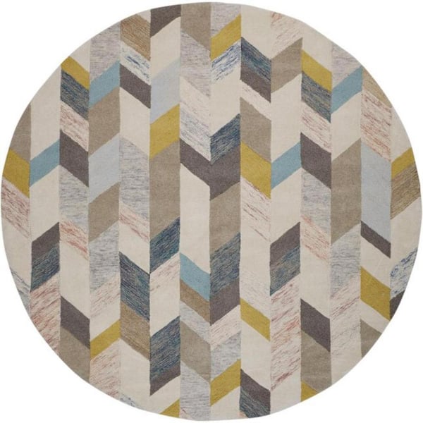 HomeRoots 8' Round Ivory and Blue Geometric Area Rug 2000511697 - The ...