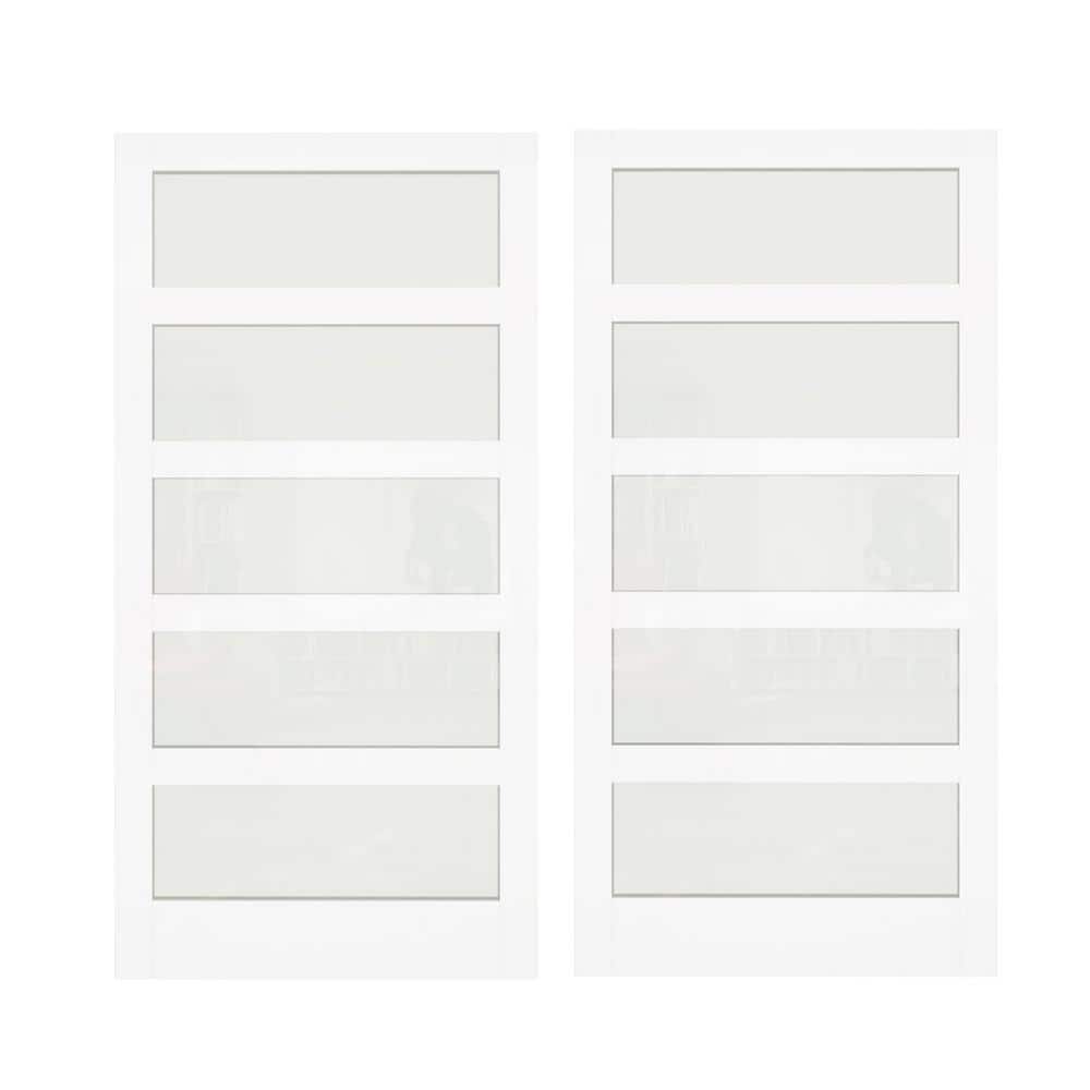 TENONER 64 in. x 80 in. White Solid Core MDF Wood Frosted Glass 5-Panel ...