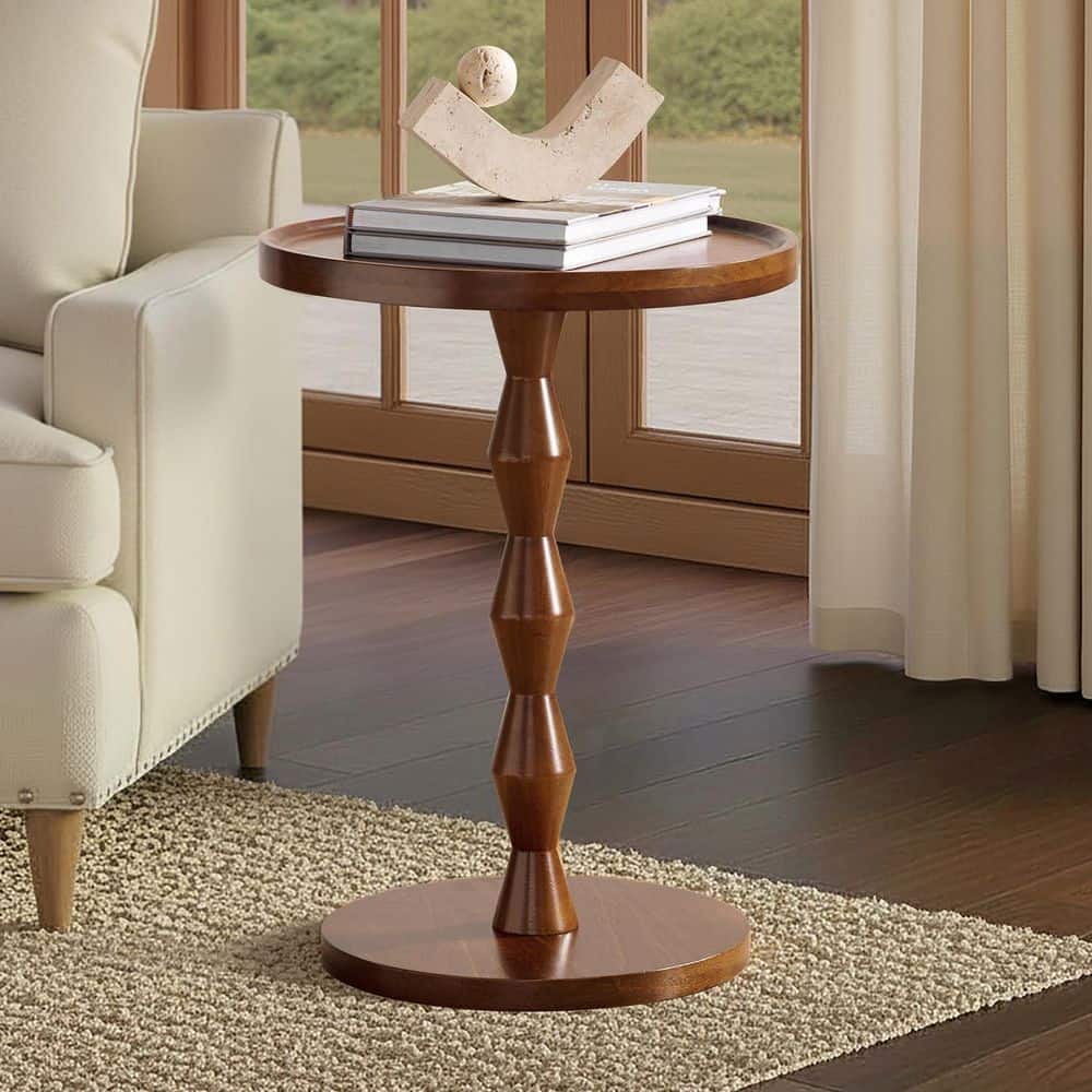 JAYDEN CREATION Kingston 17 in. Walnut Farmhouse Round Wood End Table ...