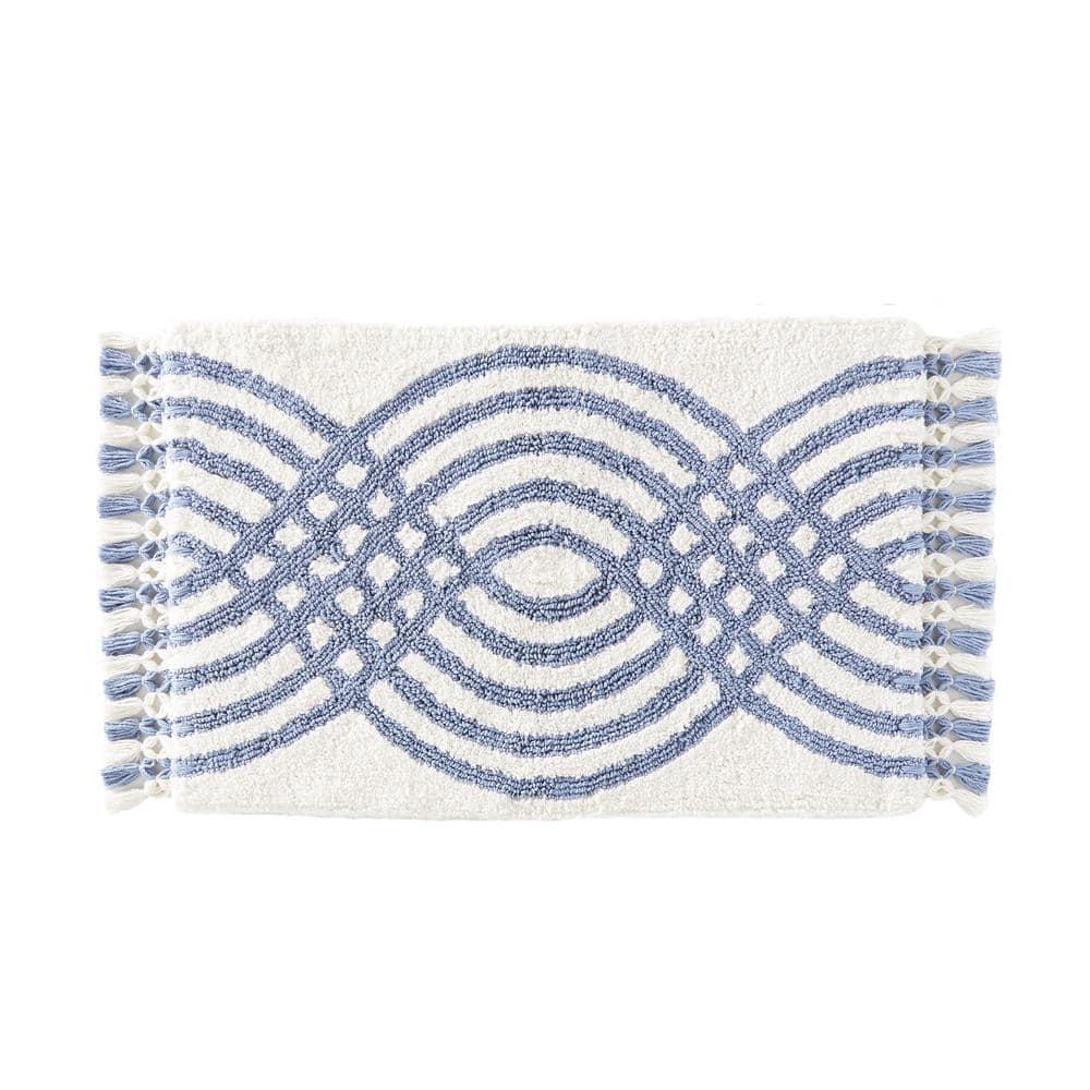 Blue 20 in. x 30 in. Cotton Fringed Waves Bath Rug U2305600850007
