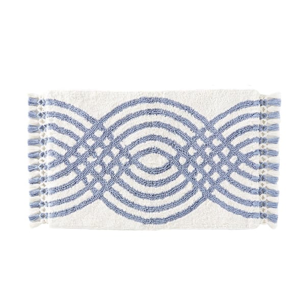 Blue 20 in. x 30 in. Cotton Fringed Waves Bath Rug U2305600850007