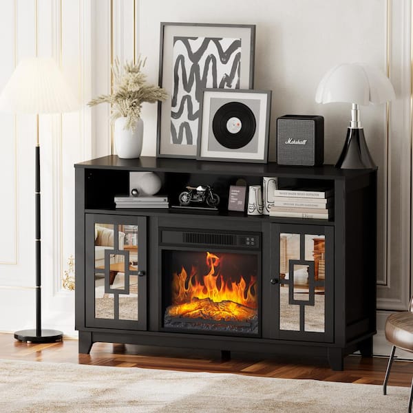 Mirrored Door Black TV Stand and Entertainment Center Fits TV s Up to 60 in. with Not Include Fireplace
