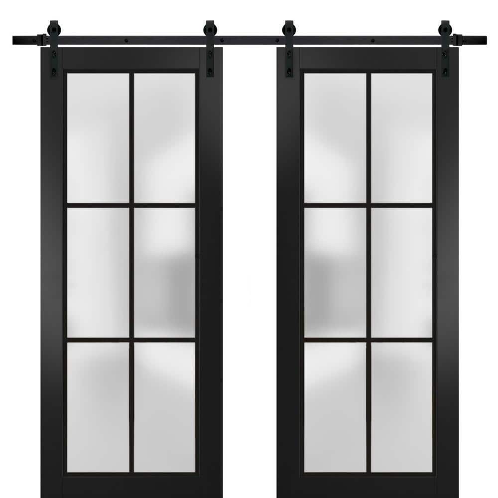 Sartodoors 28 in. x 84 in. 2 Panel Frosted Glass Black Matte Solid Wood ...
