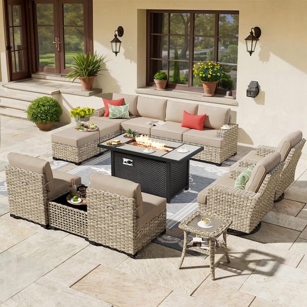 XIZZI Calma 13 Pieces Wicker Outdoor Patio Rectangular Fire Pit Set and ...