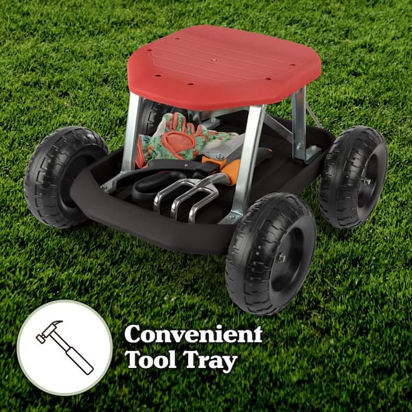 Pure Garden Gardening Stool Rolling Garden Seat with Tray Red and Black