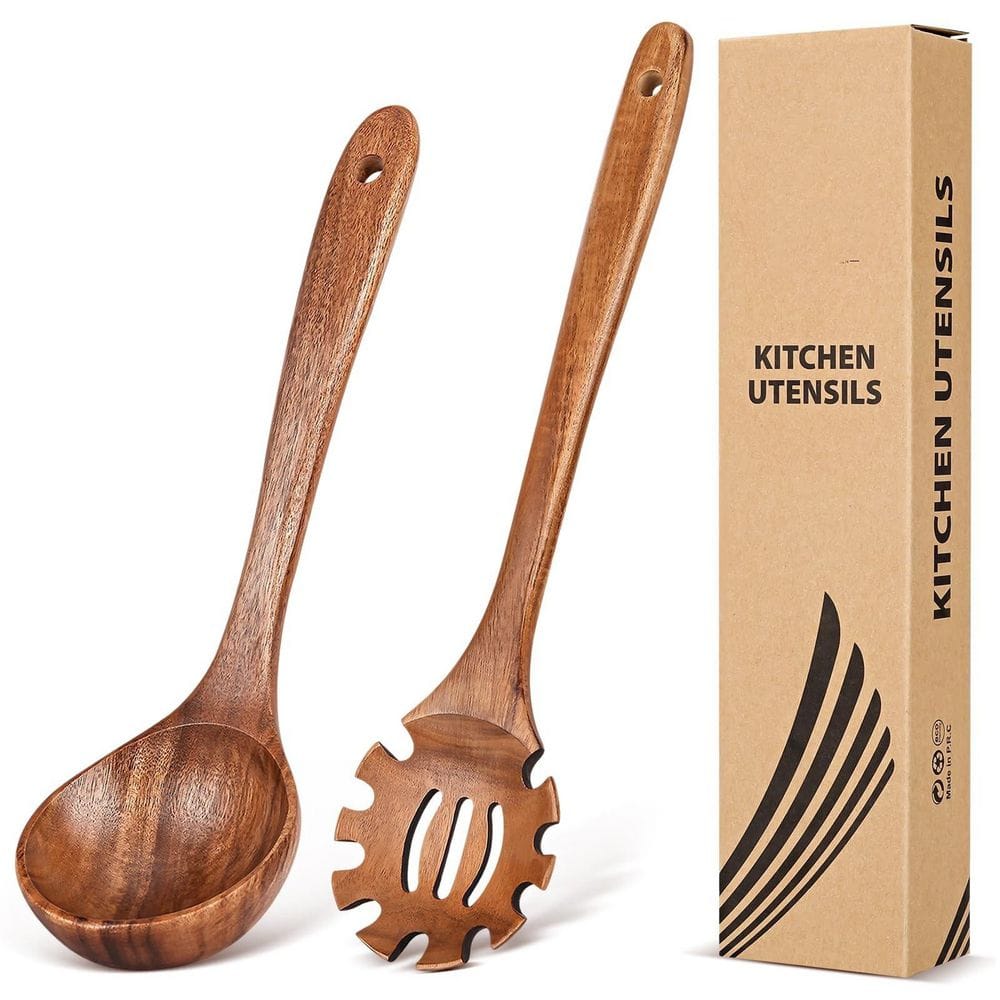 Wudkey Teak Wood Soup Ladle and Slotted Pasta Fork Strainer Spoon Set ...