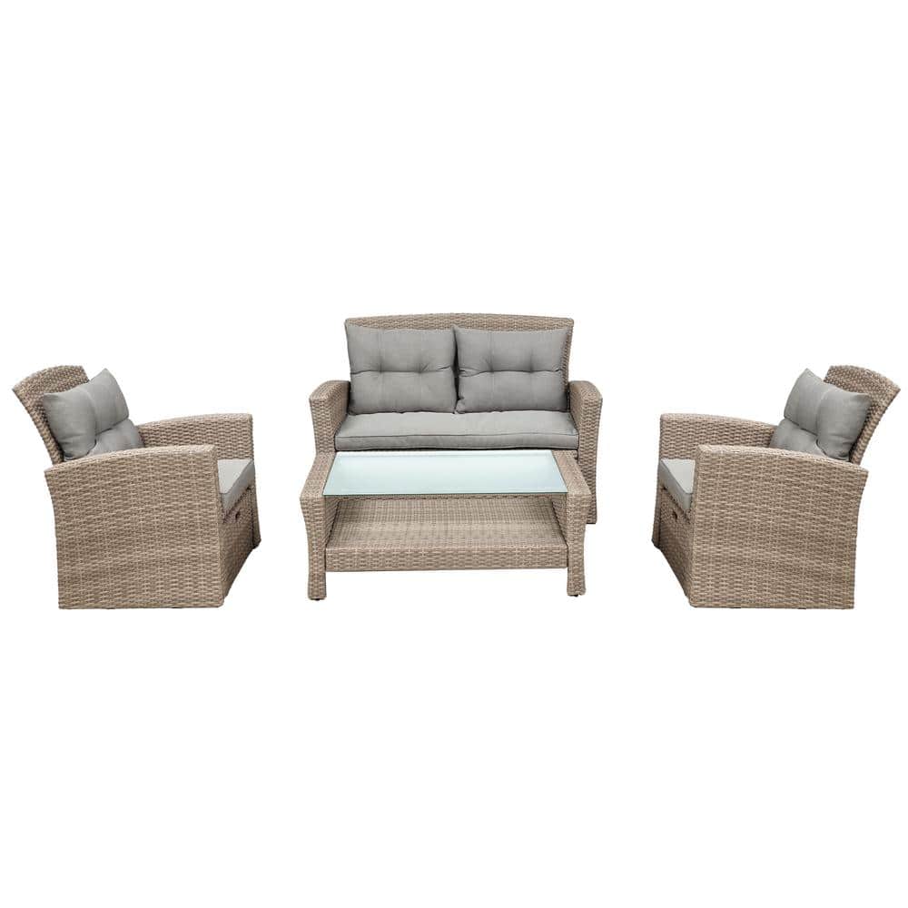 SUNRINX 4-Piece Wicker Patio Conversation Set with Gray Cushions MG36 ...