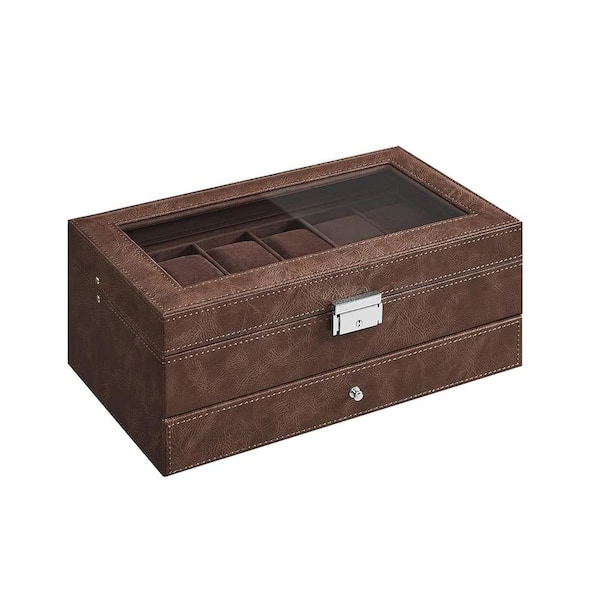 Brown PU Leather 12-Slot Watch Box with Glass Lid and Brown Lining ...