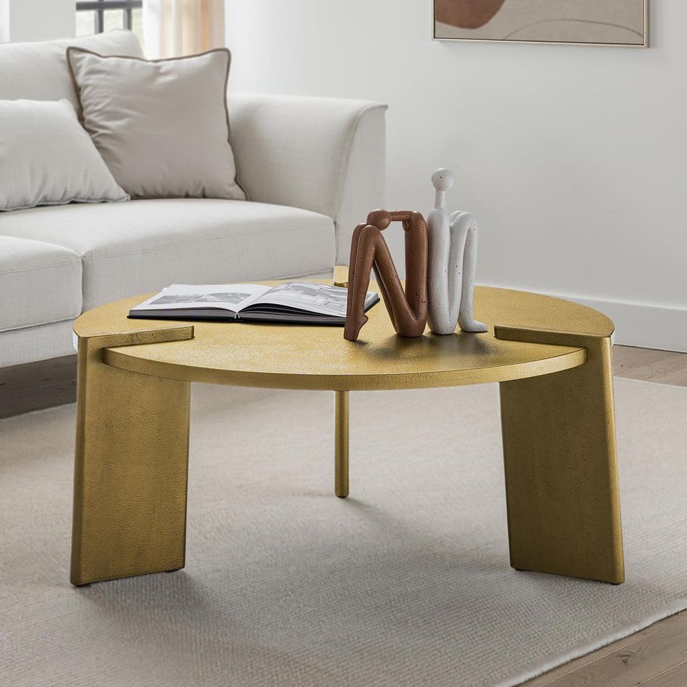 JAYDEN CREATION Nolan 35.5 in. Gold Round Wood Coffee Table with Faux ...