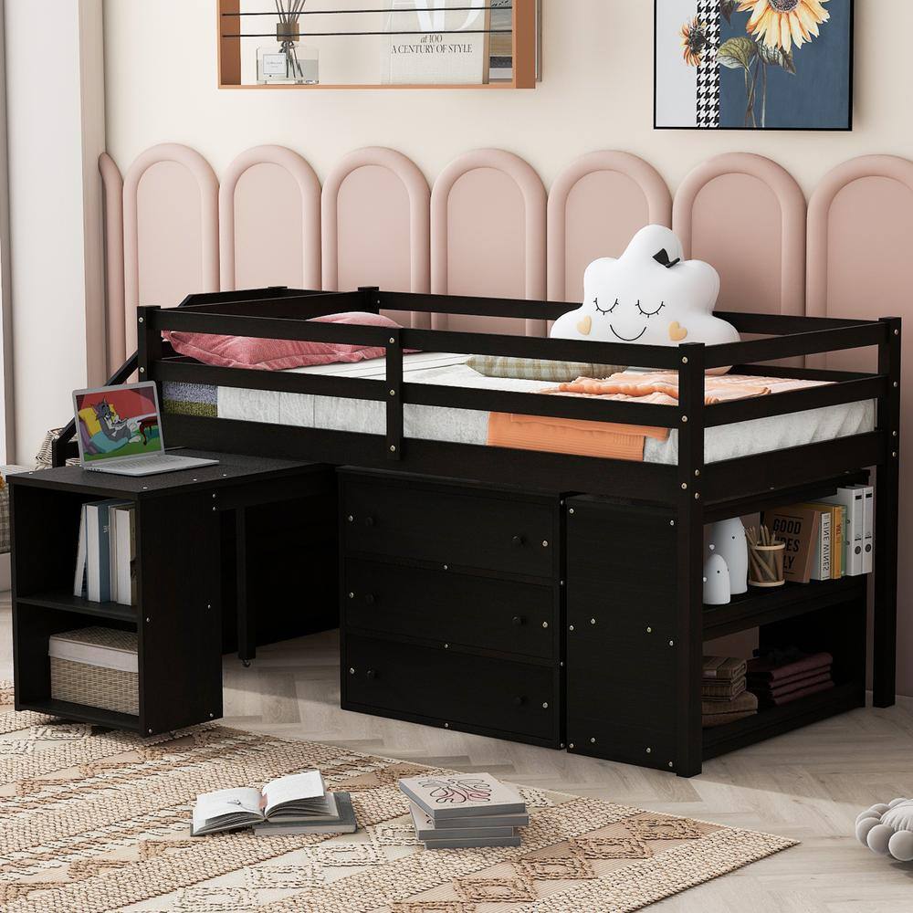 Harper & Bright Designs Espresso Twin Size Wood Low Loft Bed with ...