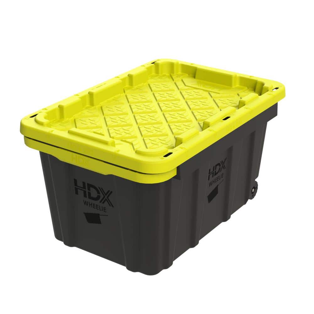 HDX 27 Gal. Tough Storage Tote with Wheels and Handle in Black and Yellow 999-27G-W-HDX - The ...