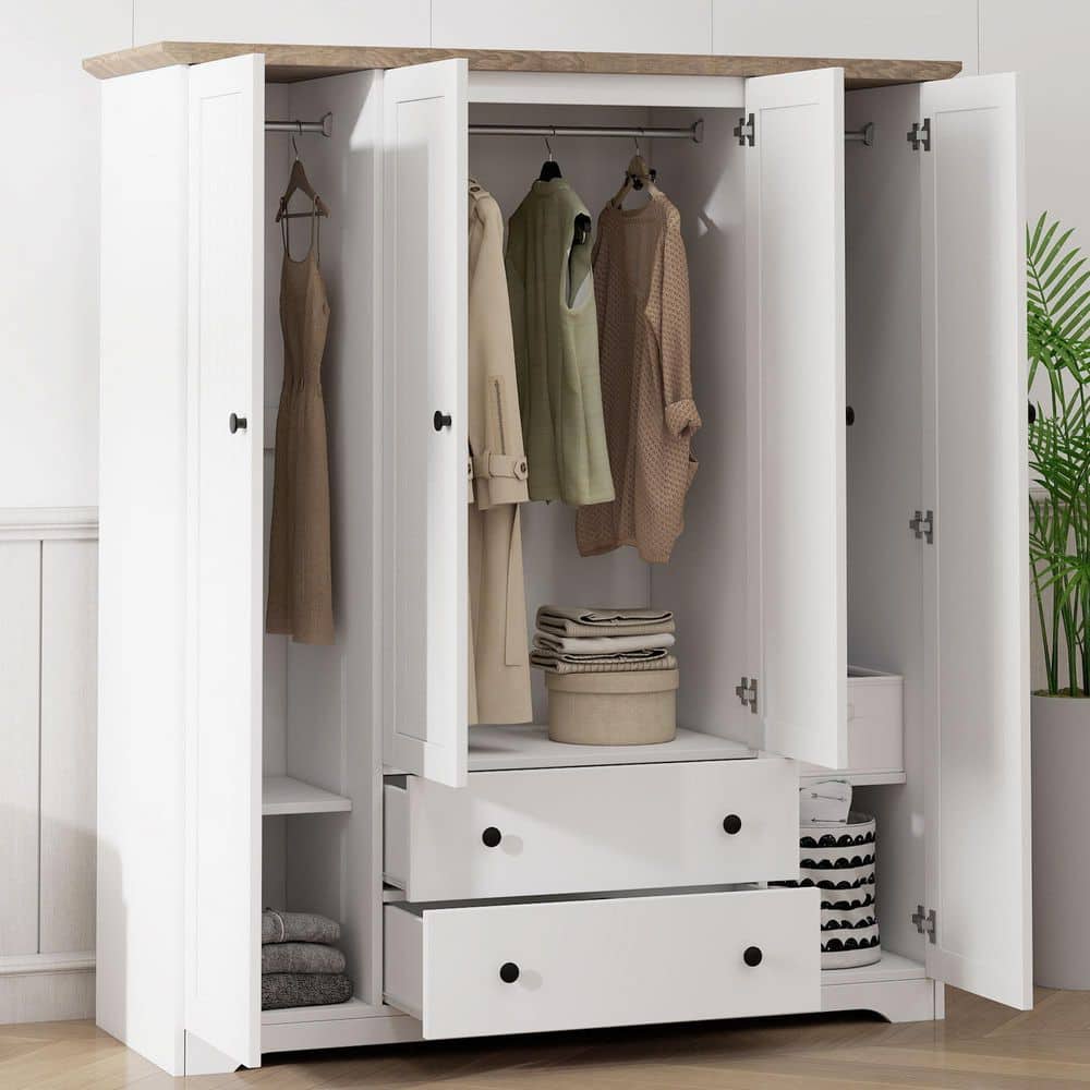 Harper & Bright Designs White 60.6 in. 4-Doors Wardrobe Armoire with ...