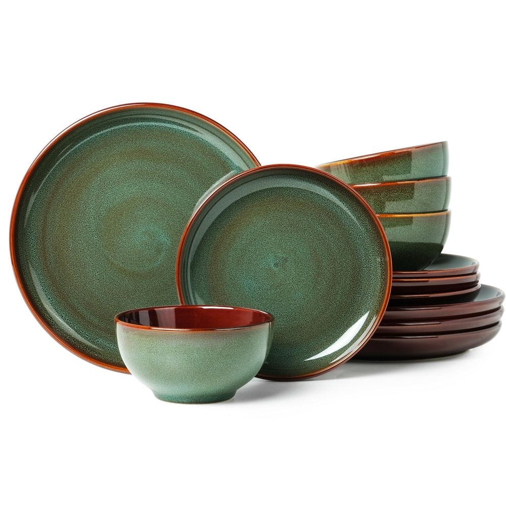 Numhew 12-Piece Solid Sage Green Family Ceramic Dinnerware Set ...