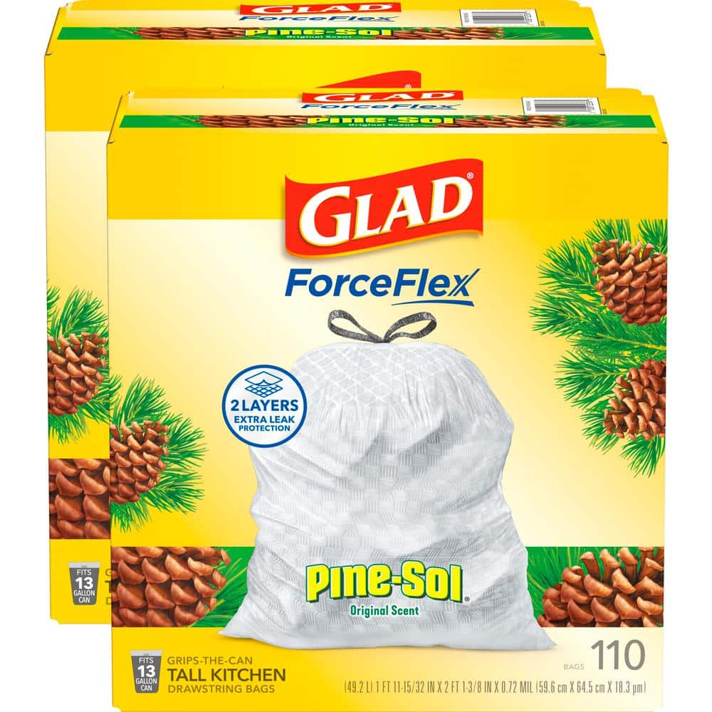 Glad 13 Gal. ForceFlex Tall Kitchen Drawstring Pine-Sol Original Scent ...