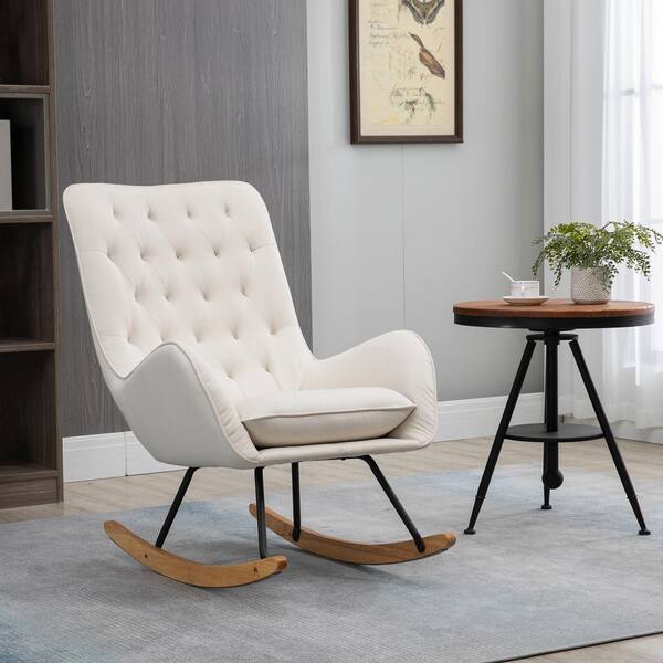 Homcom Mid Century Fabric Rocking Chair Sofa Armchair Tufted Rocker Wingback Accent Chair with Padded Seat Rubber Wood Base for