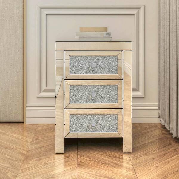 YOFE 3 Drawer Silver Mirrored Nightstand Crystal Diamond Bedside End table Storage Cabinet 26 in. H x 17.7 in. W x 13.7 in. D CamySR GI36323W1043 Nd01 The Home Depot
