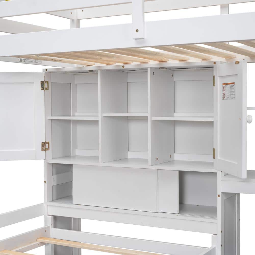 Nestfair White Twin Over Twin Loft Bed with Desk, Storage Compartments ...