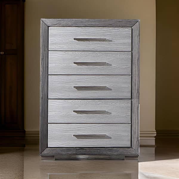 Benjara Gray and Silver 5-Drawers 35.62 in. Chest of Drawers Dresser ...