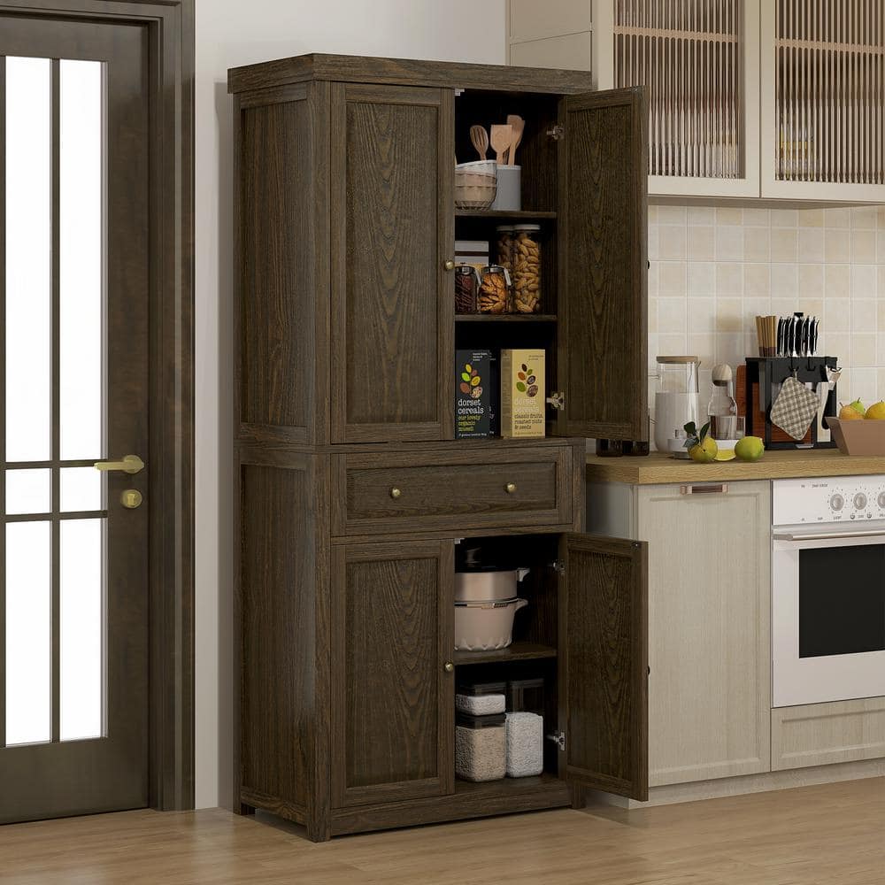 HOMCOM Distressed Brown Wood 30 in. Pantry Cabinet with 4 Doors, Drawer ...