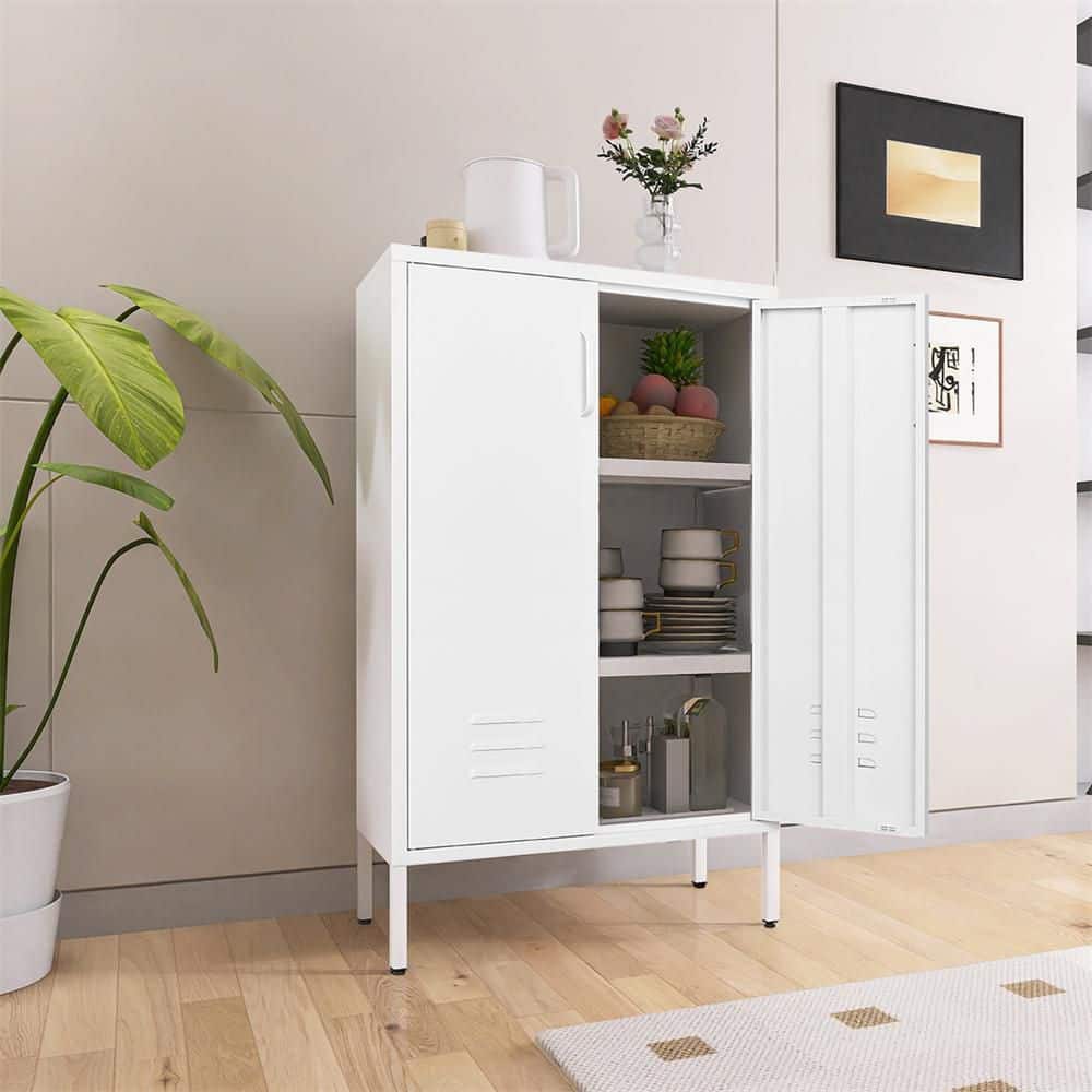 Kahomvis White 41.9 in. H Steel 2-Door Cabinet with 2 Movable Partitions for Living Room ...