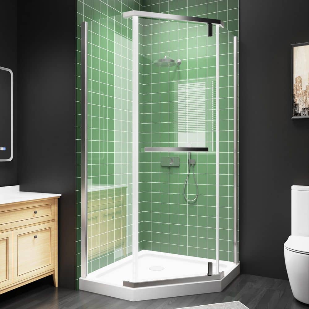 Wynnt 36 in. W x 72 in. H Neo Angle Pivot Semi Frameless Corner Shower Enclosure in Chrome with ...