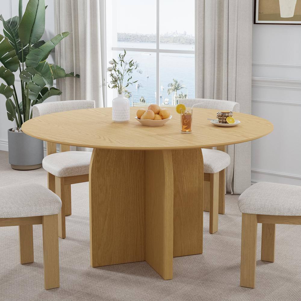 Lirago Round Oak Wood 52 in. Arched Cross Legs Dining Table Seats 6 HD ...