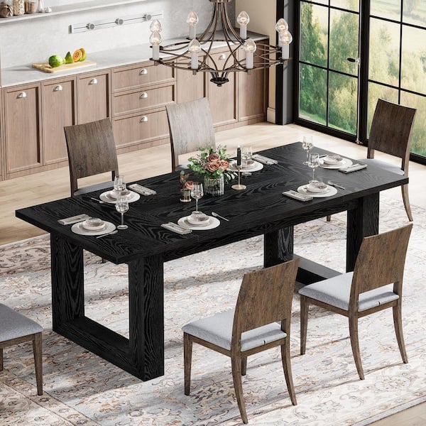 BYBLIGHT Roesler Black Wood 63 in. W Double Pedestal Rectangle Dining ...