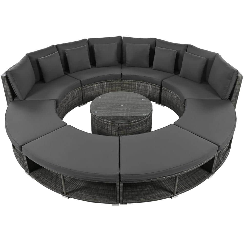Zeus & Ruta 9-Piece Wicker Outdoor Circular Sectional Sofa Set with ...