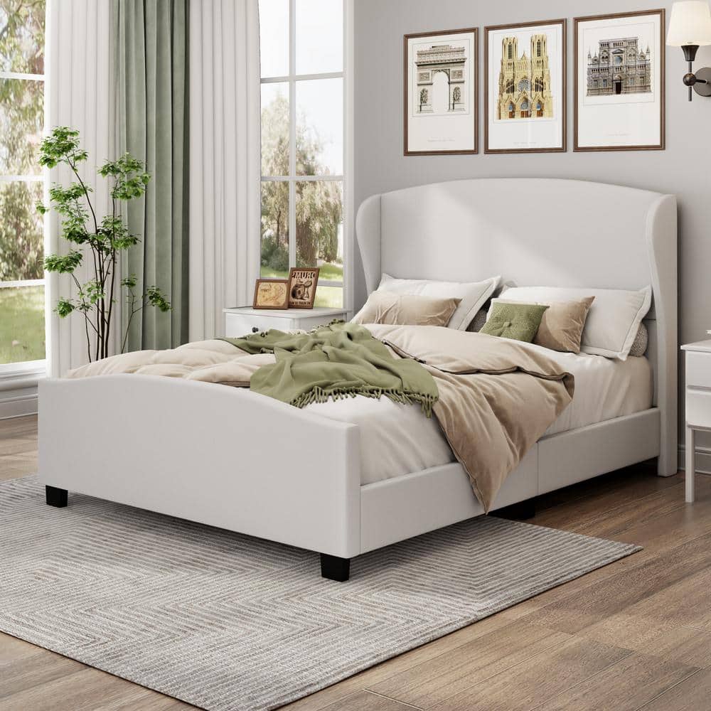 Noble House Ashford Beige Wood Frame Queen Size Modern Linen Platform ...
