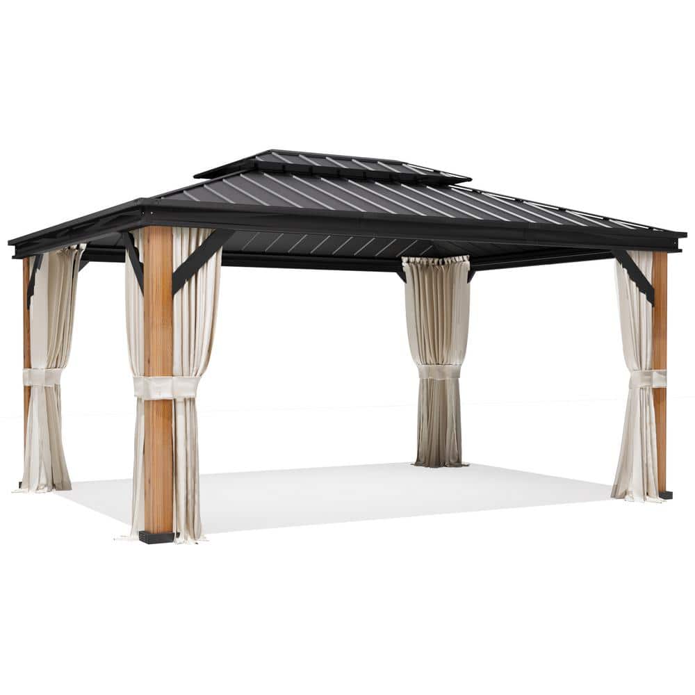 HOMMOW 12 ft. x 16 ft. Wooden Grain Aluminum Frame Gazebo with Curtains ...