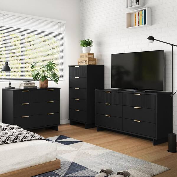 Manhattan Comfort Granville Black 5 Drawer 23.62 in. W Chest 6 Drawer 55.04 in. W Dresser and 3 Drawer 37.8 in. W Dresser Set of 3 GRAN032